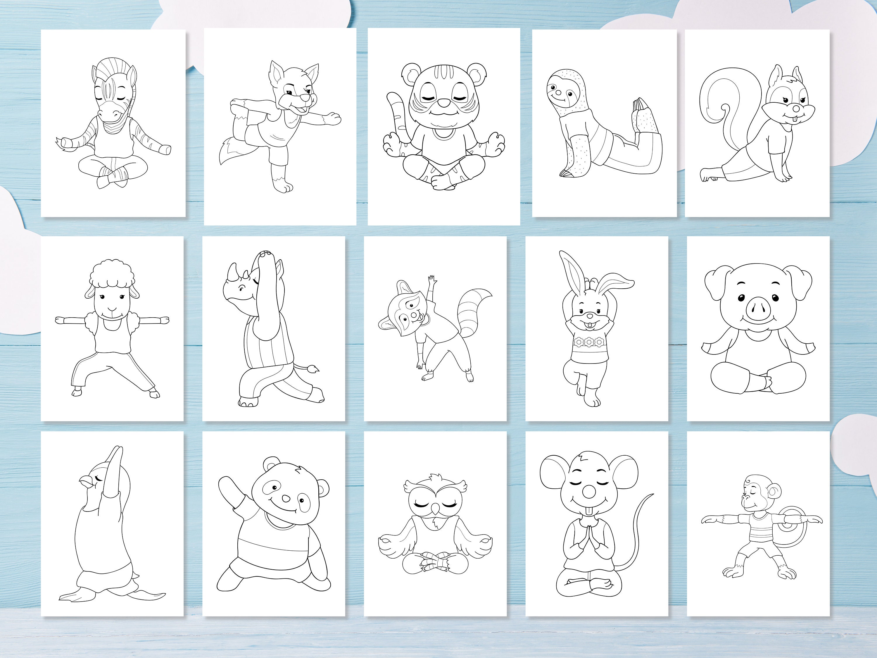 Animals Coloring Pages for Kids Printable Animals Doing Yoga Bundle 30 ...