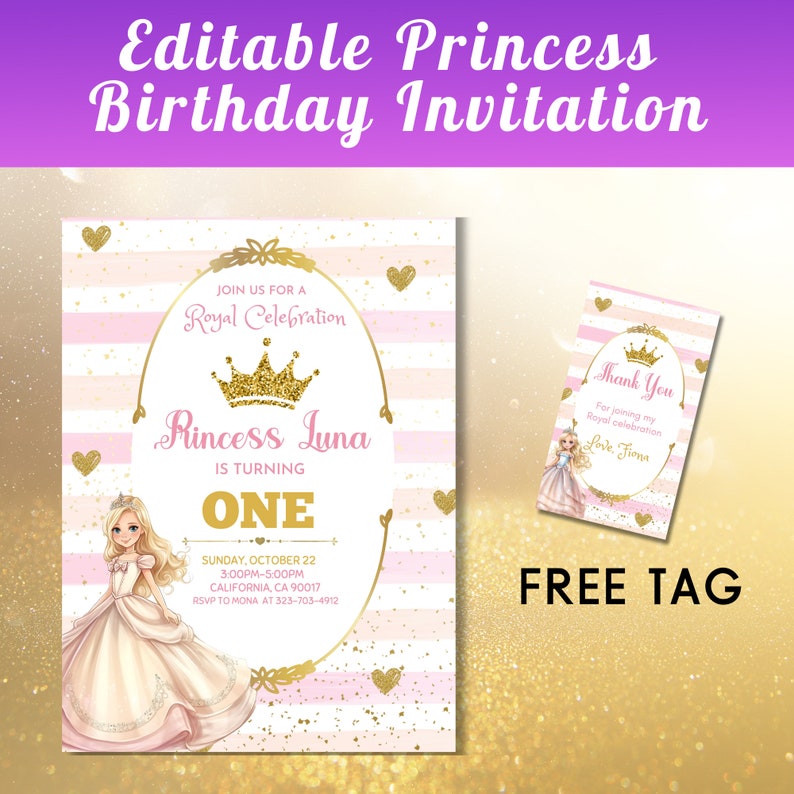 Editable Princess Birthday Invitation FREE Favor Tags - Etsy
