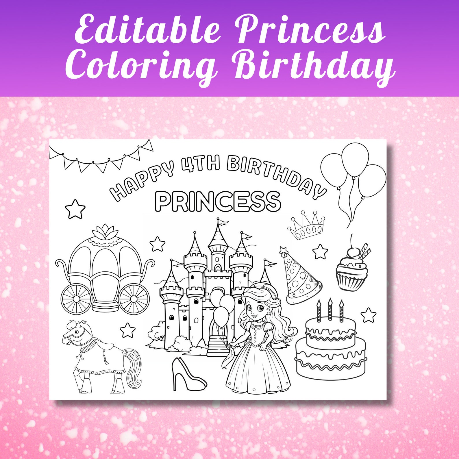 Editable Princess Birthday Coloring Princess Coloring Pages Princess ...