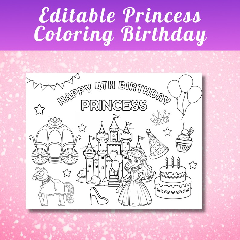 Editable Princess Birthday Coloring Princess Coloring Pages Princess ...