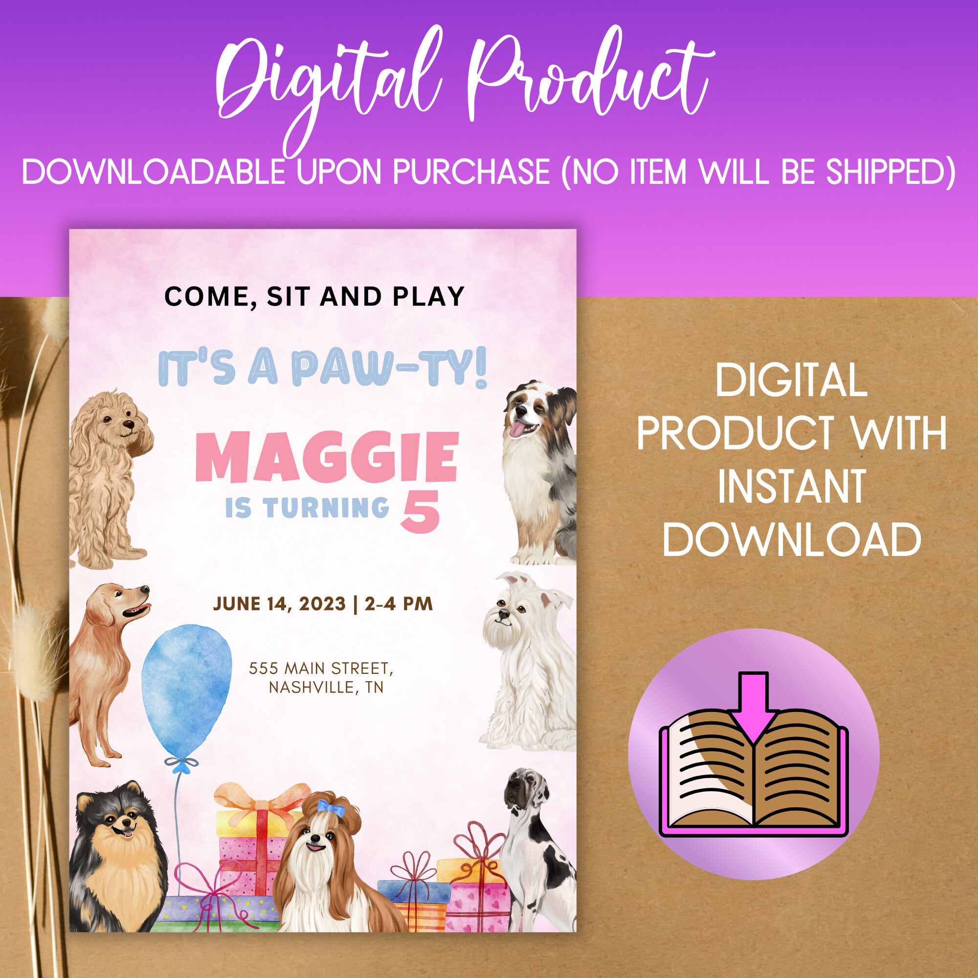 Dog Pawty Editable Birthday Invitation Lets Pawty Birthday Girls Dog ...