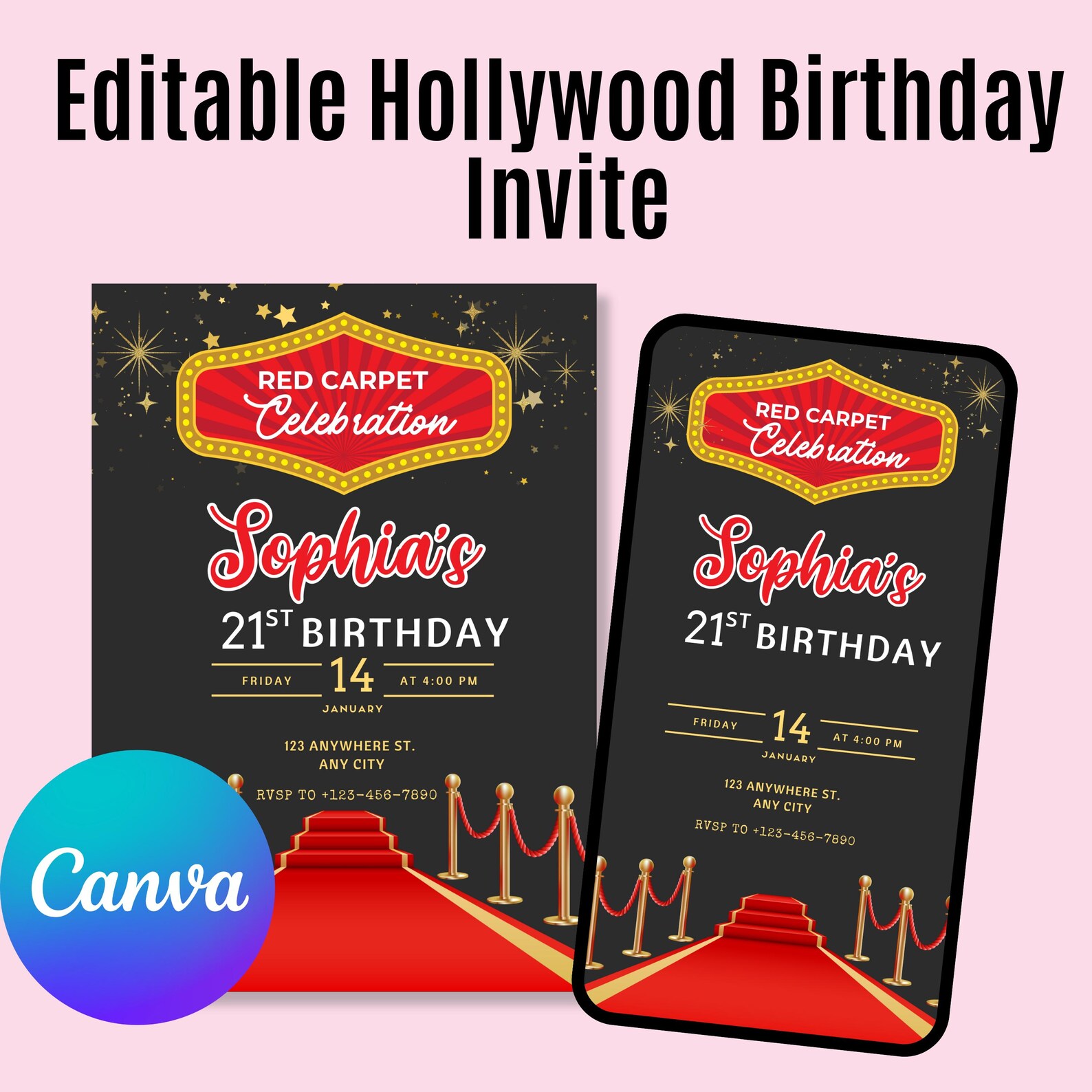 Editable 21st Hollywood Birthday Printable Theme Party Invitation VIP ...