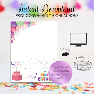 Printable Happy Birthday Stationary Birthday Stationery Paper Balloons ...