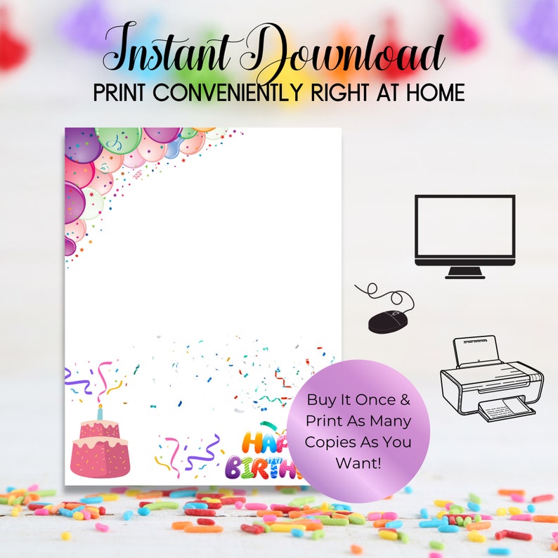 Printable Happy Birthday Stationary Birthday Stationery Paper Balloons ...