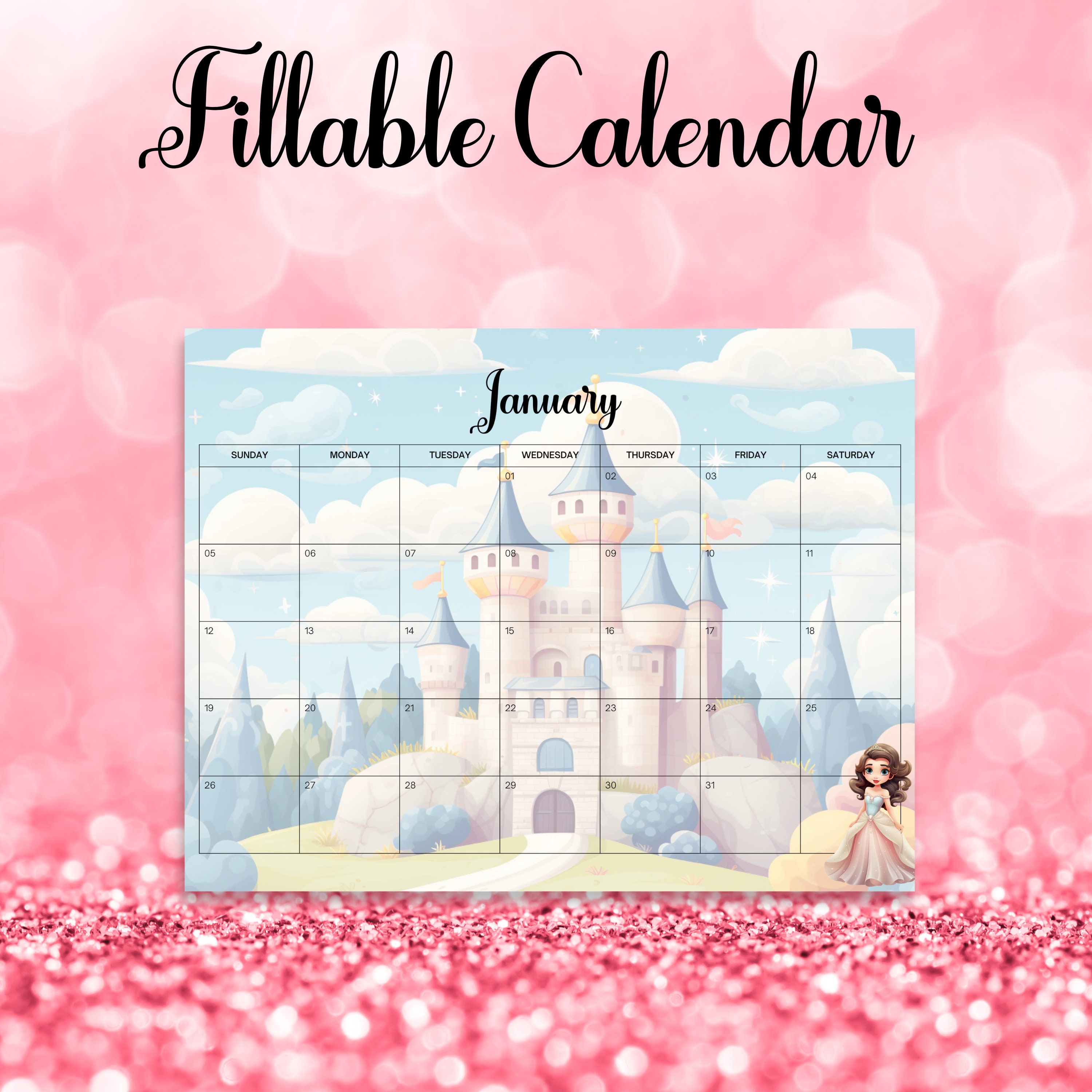 Printable 2025 Princess Castle Calendar Kids Monthly Planner Princess ...