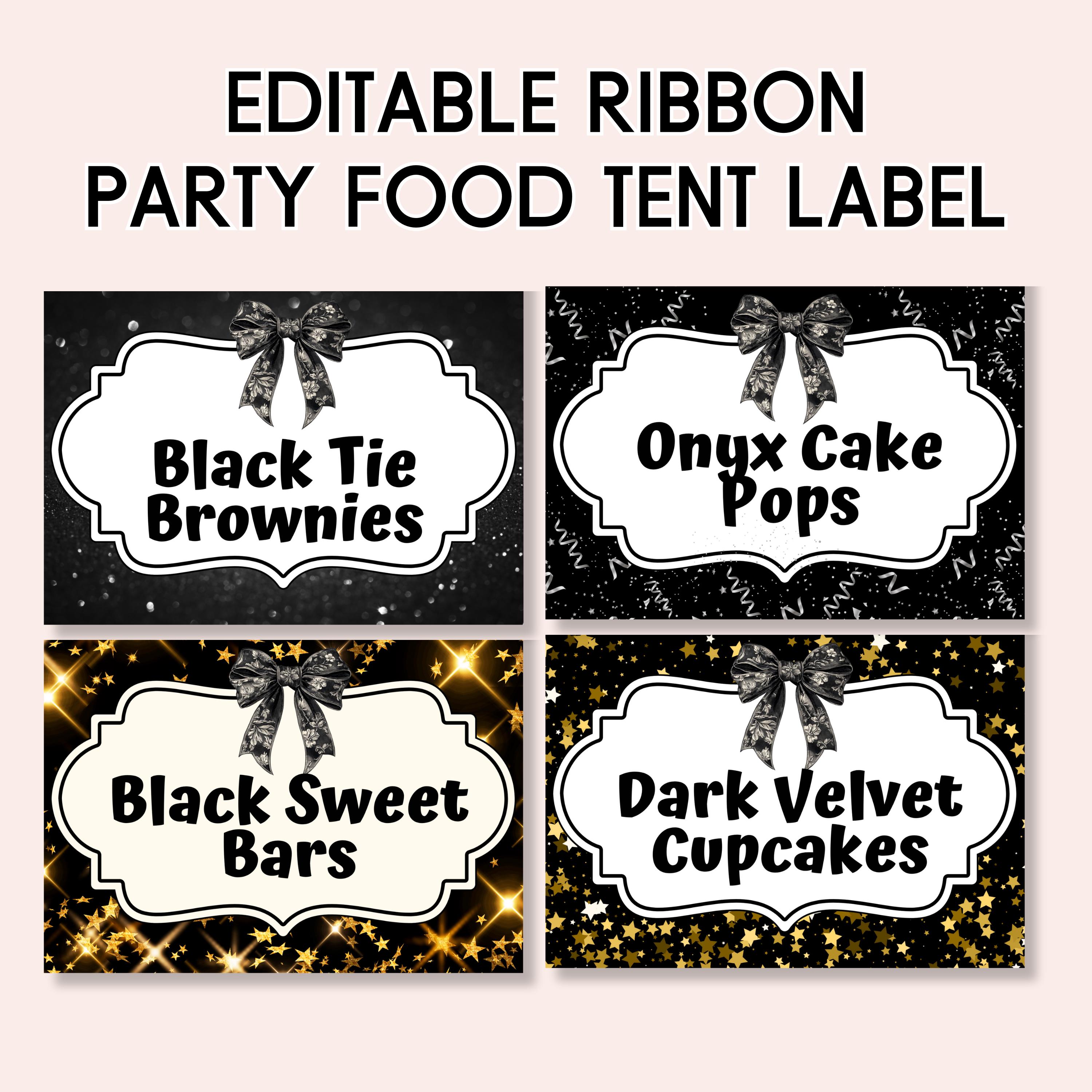 Editable Black Ribbon Party Food Label Black Ribbon Coquette Blank Food ...