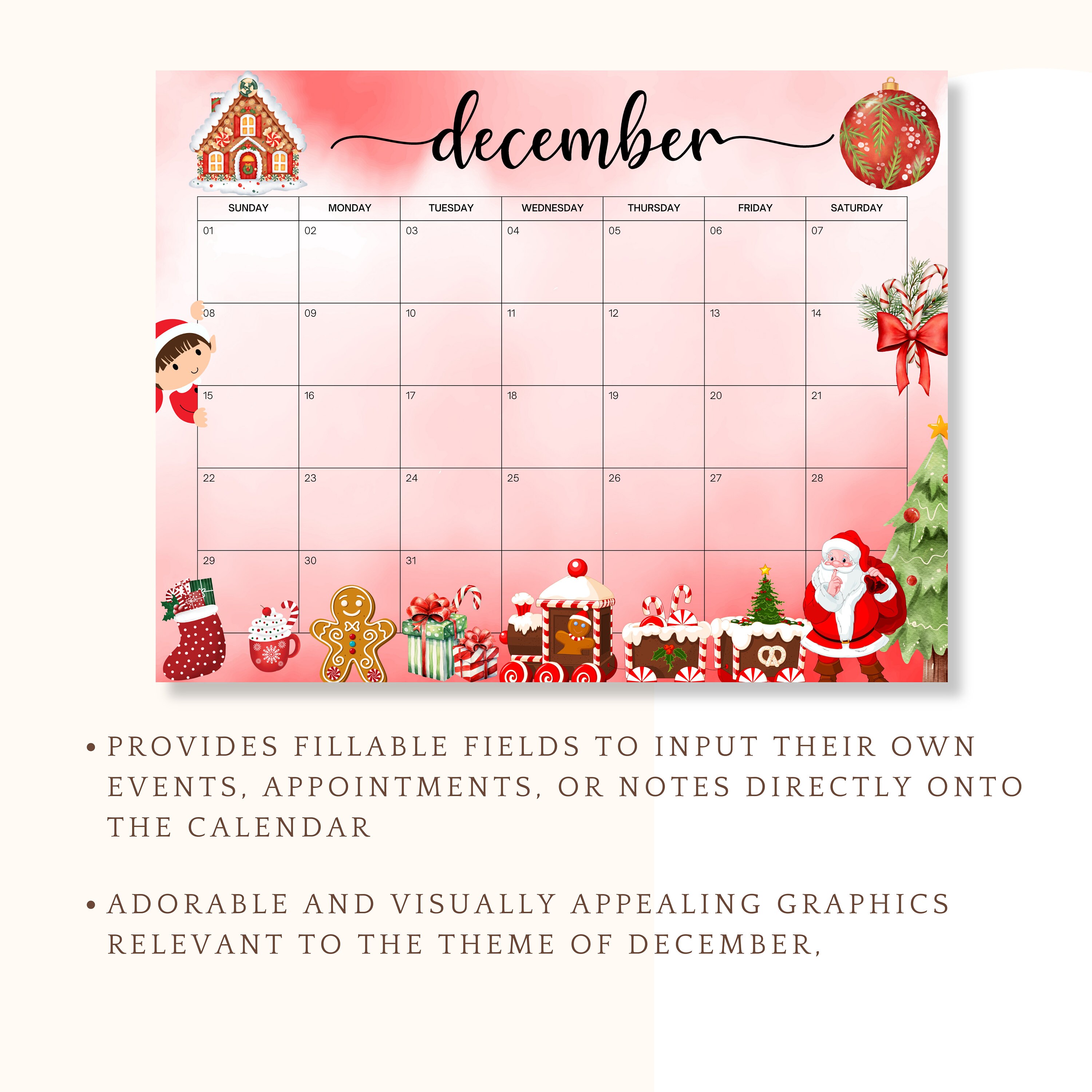 Printable Kids Calendar 2024 Santa Traditional Theme Wall Calendar ...