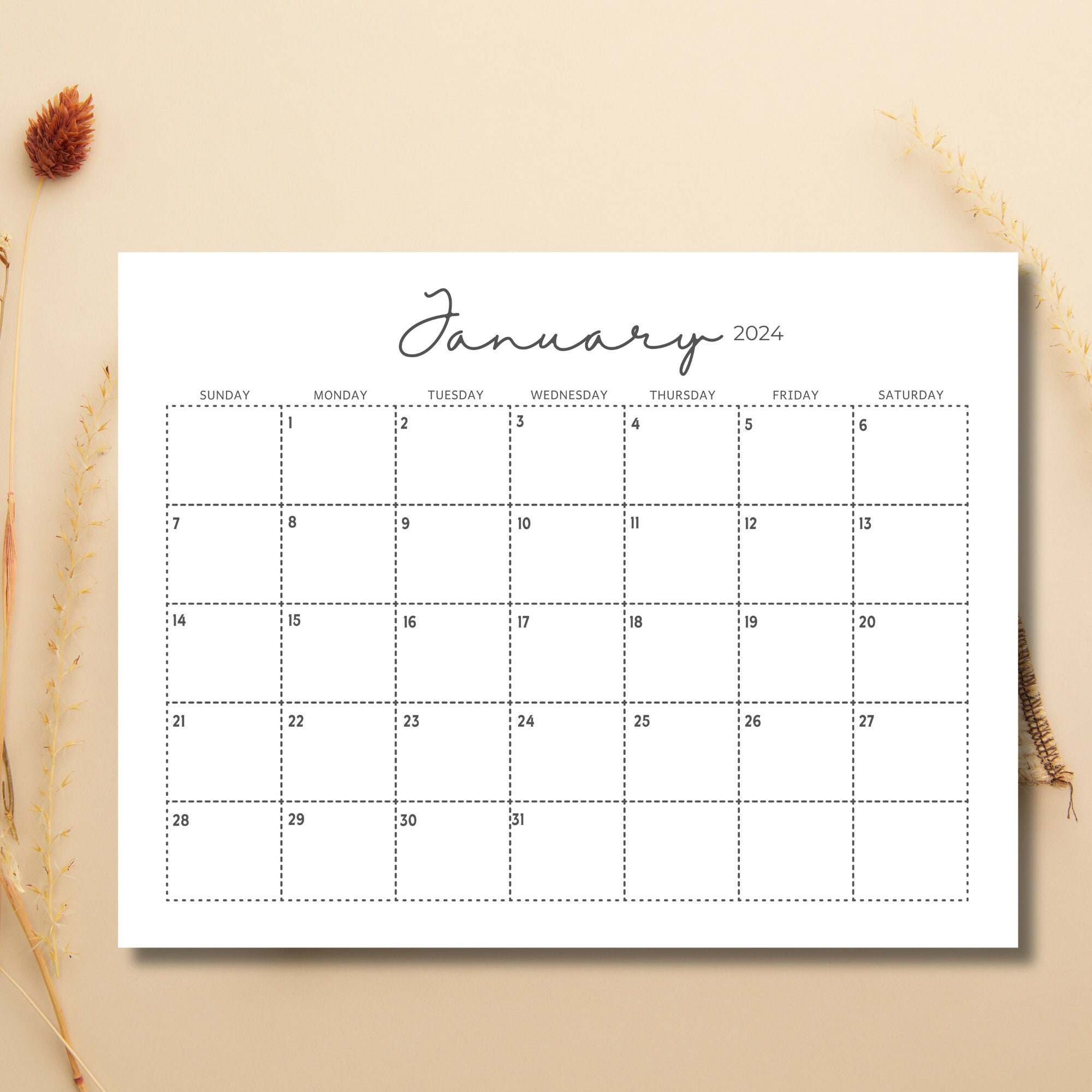 2024 Calendar 2024 Minimalist Calendar Printable Landscape Sunday Start ...