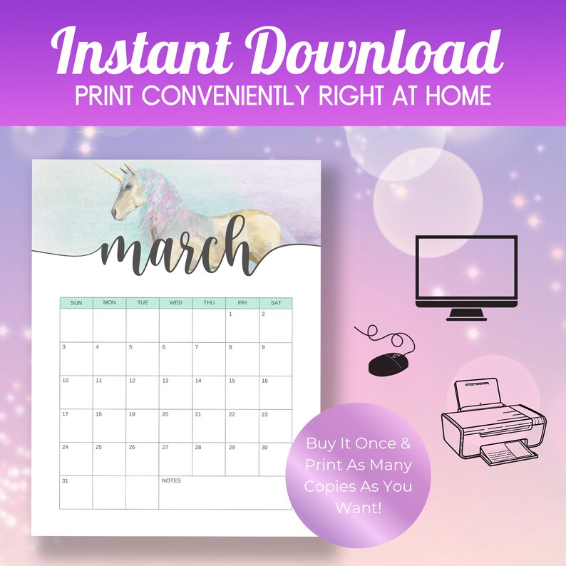 2024 Unicorn Calendar Printable Unicorn Watercolor 2024 - Etsy