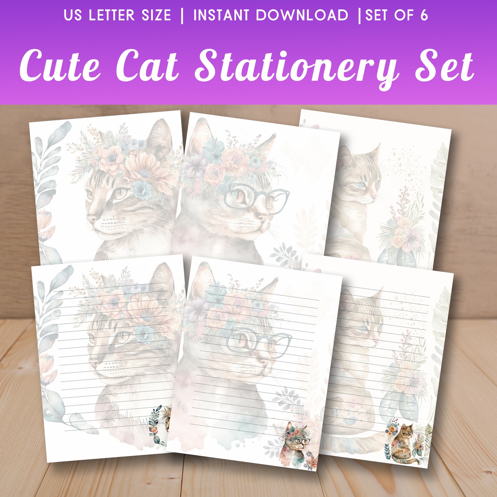 Cat Stationary Printable, Cat Stationery Set Cute Cat Stationary Cute ...