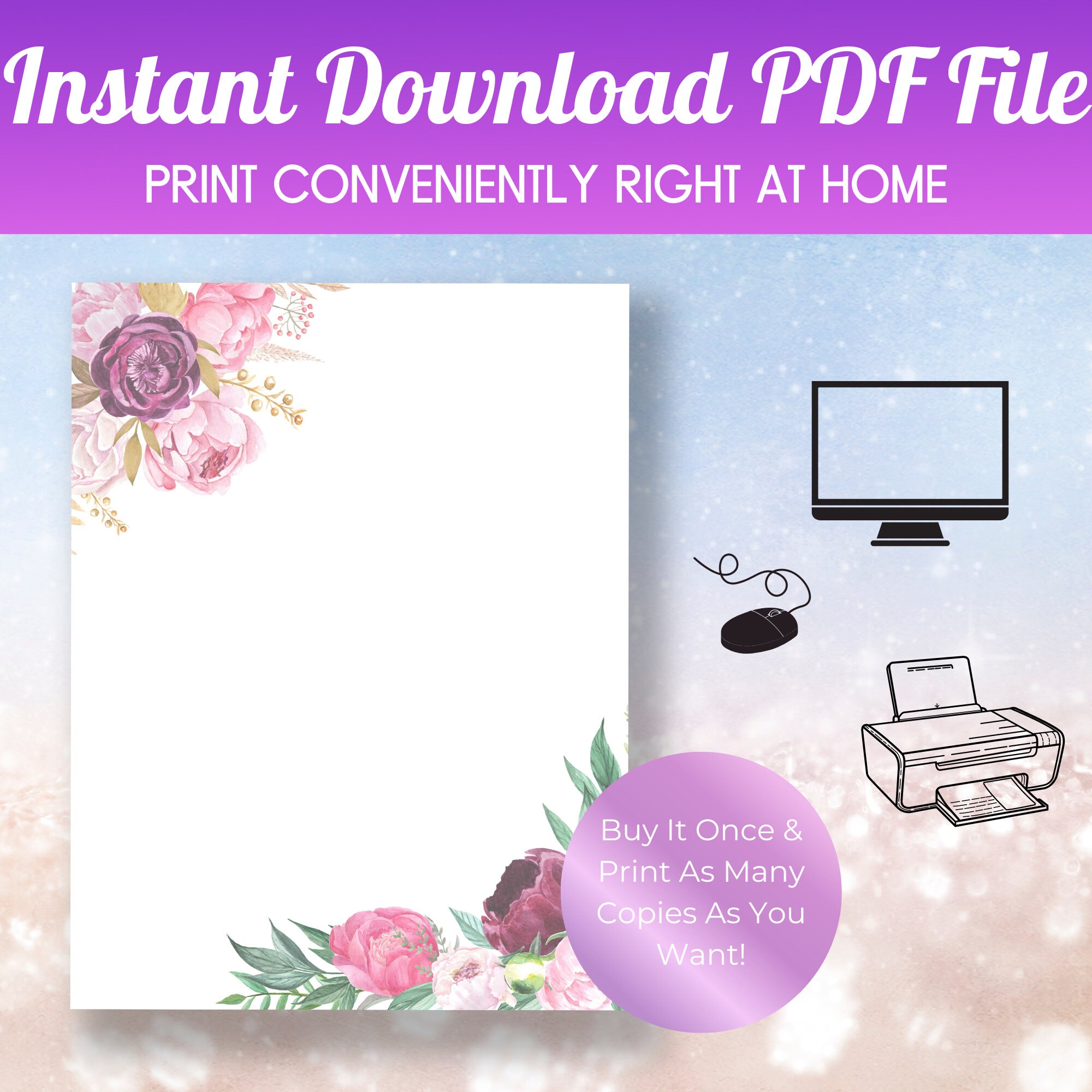 Purple Flowers Printable Stationery Letter Writing Paper Flower ...