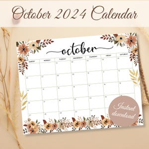 October 2024 Calendar Printable Kids Calendar Wall Fall Classic Floral ...