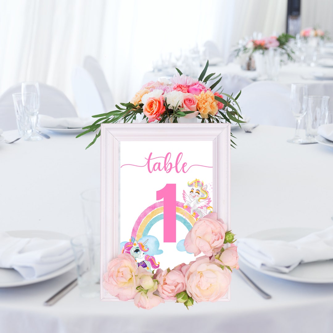 Editable Unicorn Party Table Number Card Table Decor Rainbow Colors ...