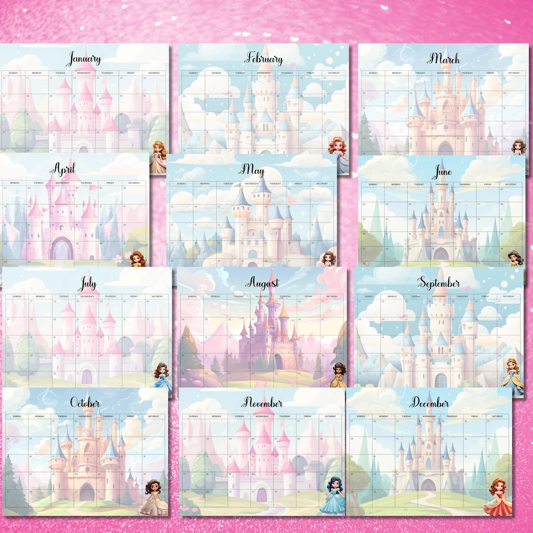 Printable 2024 2025 Princess Calendar Kids Monthly Planner Princess ...