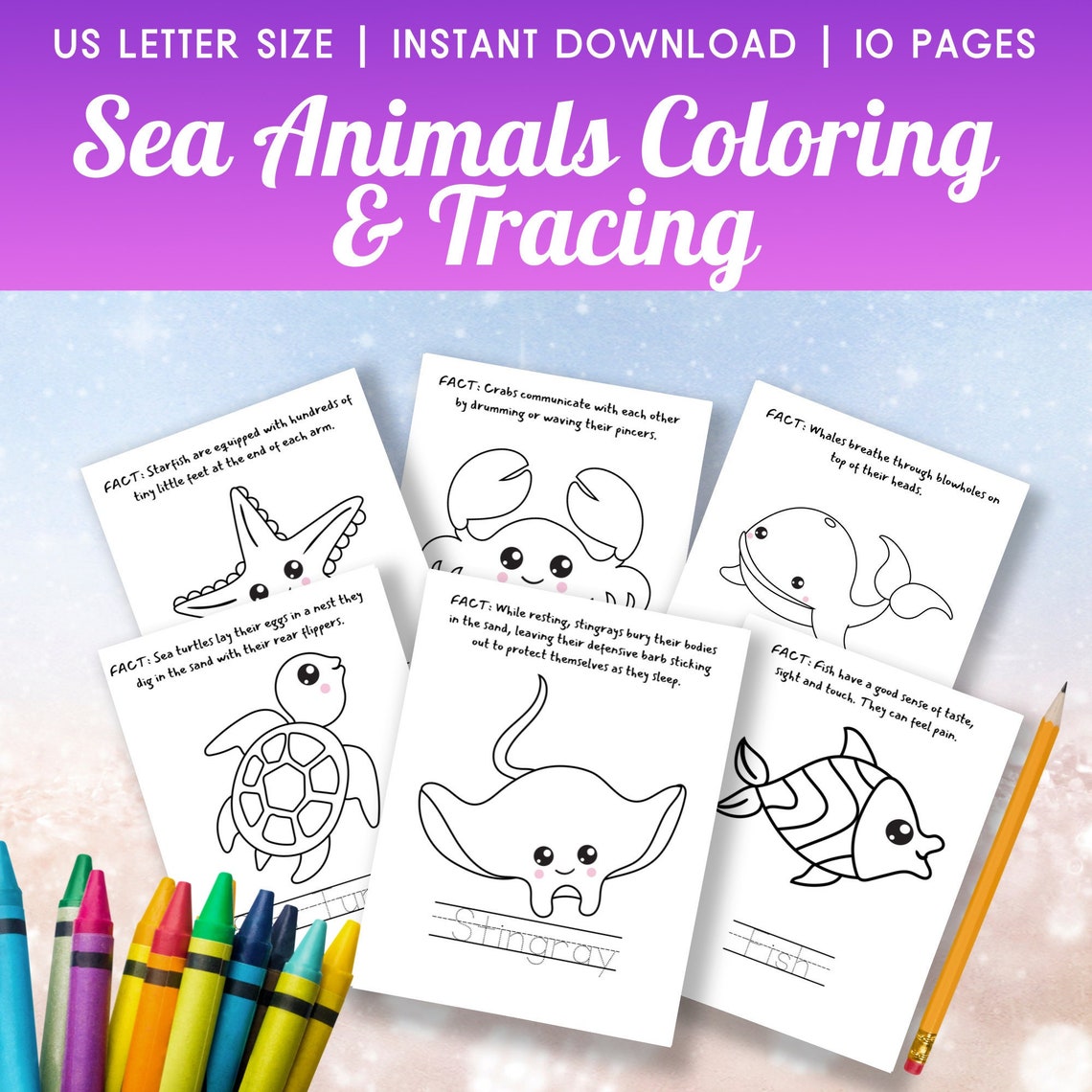 Sea Animals Tracing and Coloring Activity Pages for Kids Printable ...
