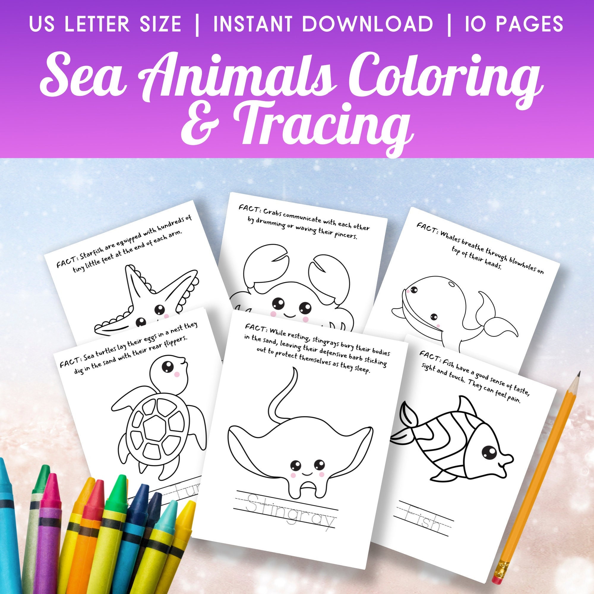 Sea Animals Tracing and Coloring Activity Pages for Kids Printable ...