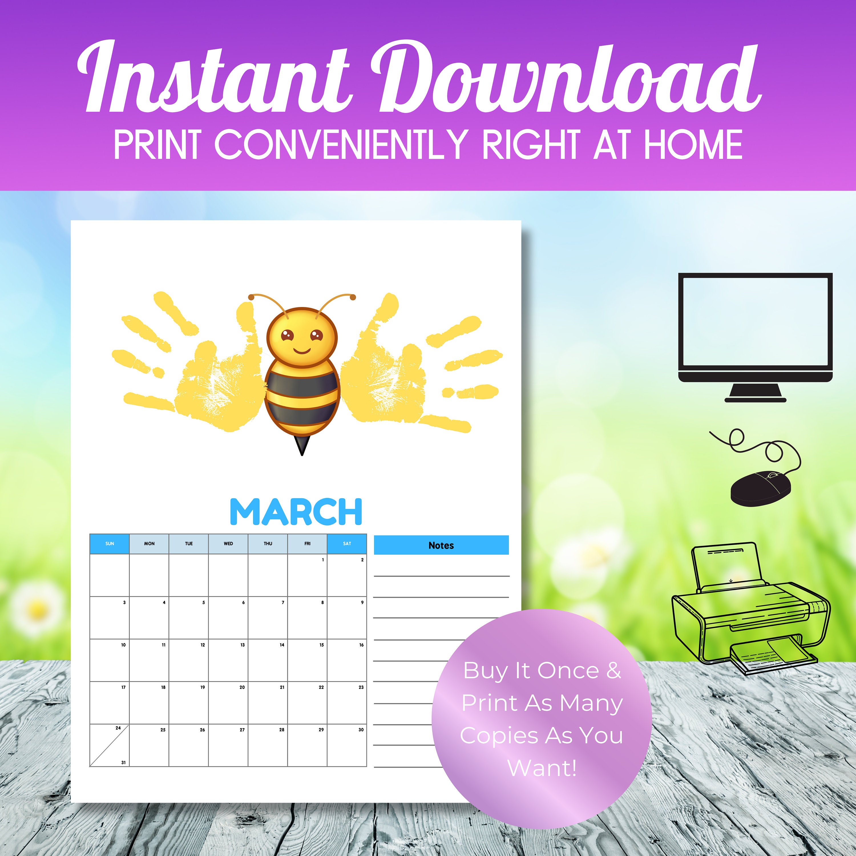 Printable Handprint Calendar Craft 2024 March Calendar Monthly Planner ...