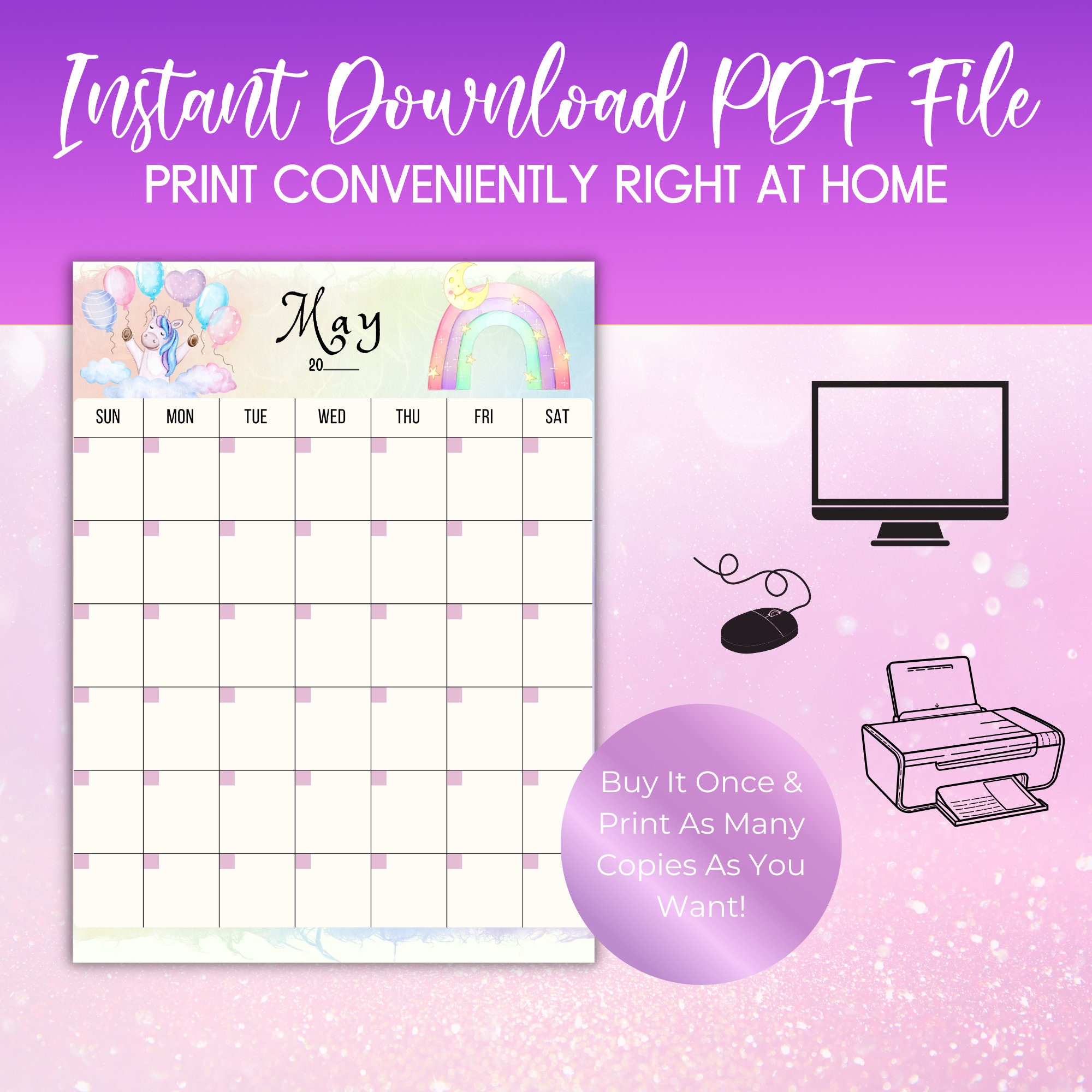 Unicorn Monthly Planner Printable Undated Monthly Calendar - Etsy