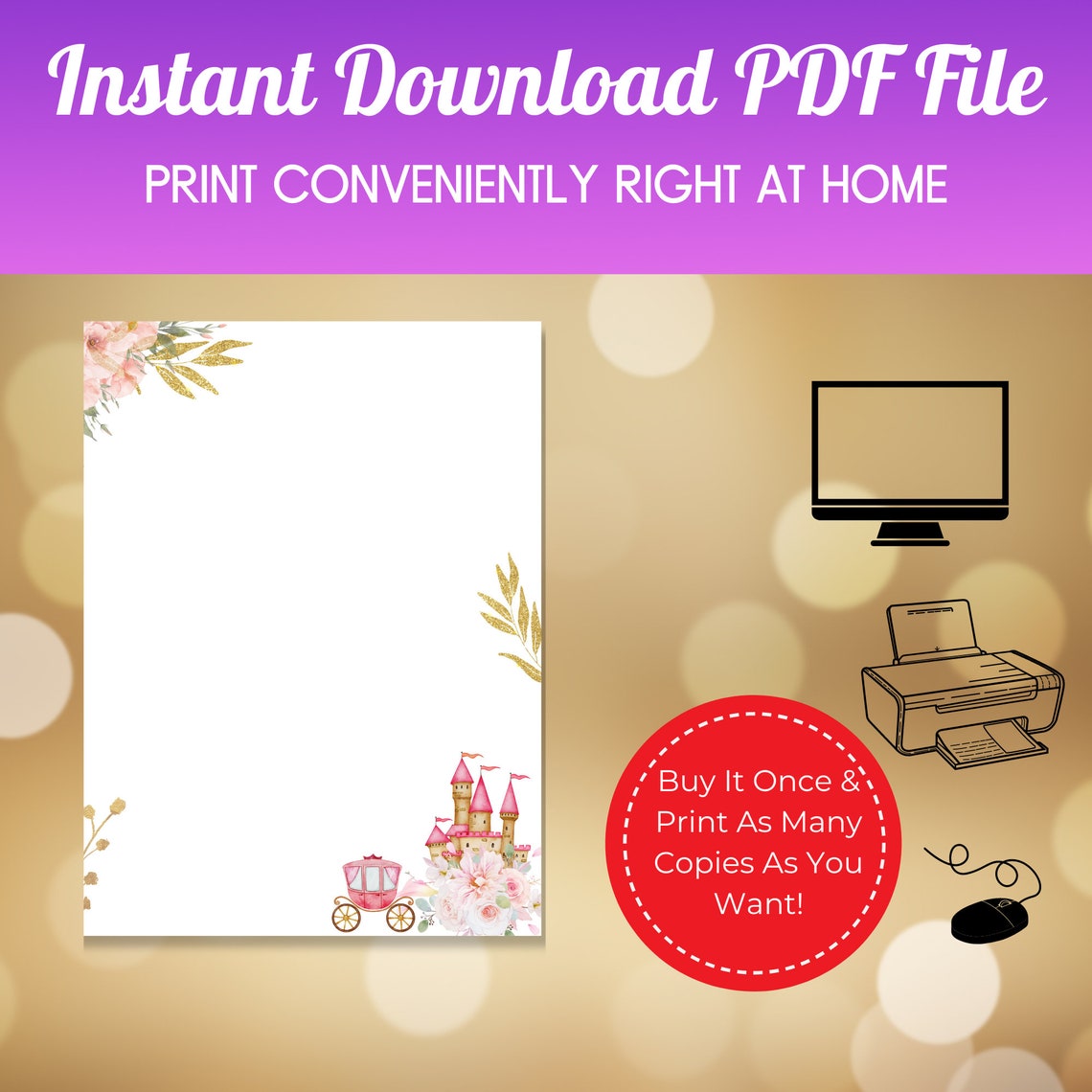 Princess Stationary Printable Pink Stationery Set of 2 Letter ...