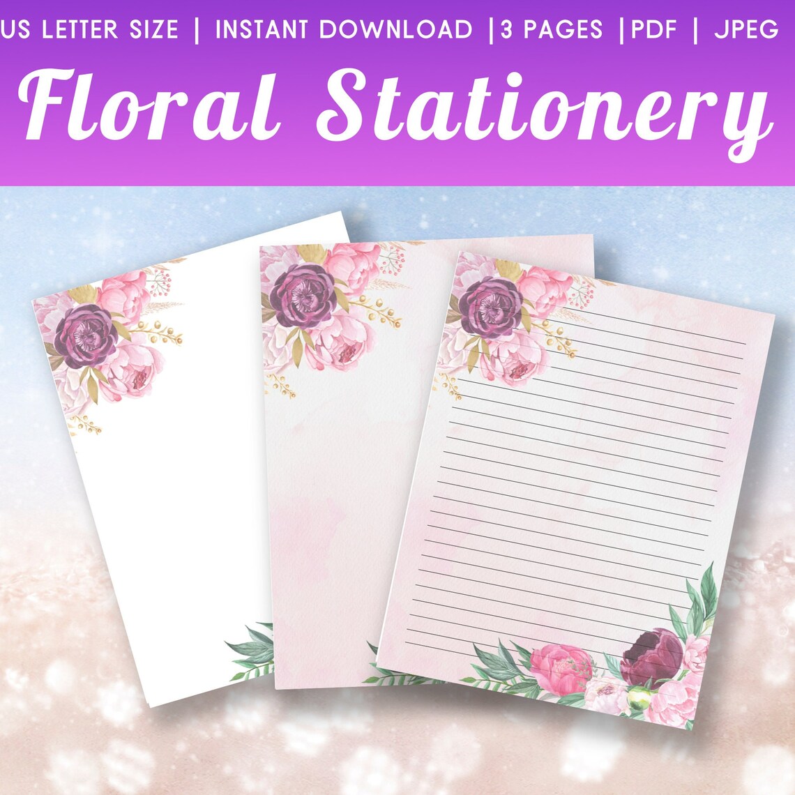 Purple Flowers Printable Stationery Letter Writing Paper Flower ...