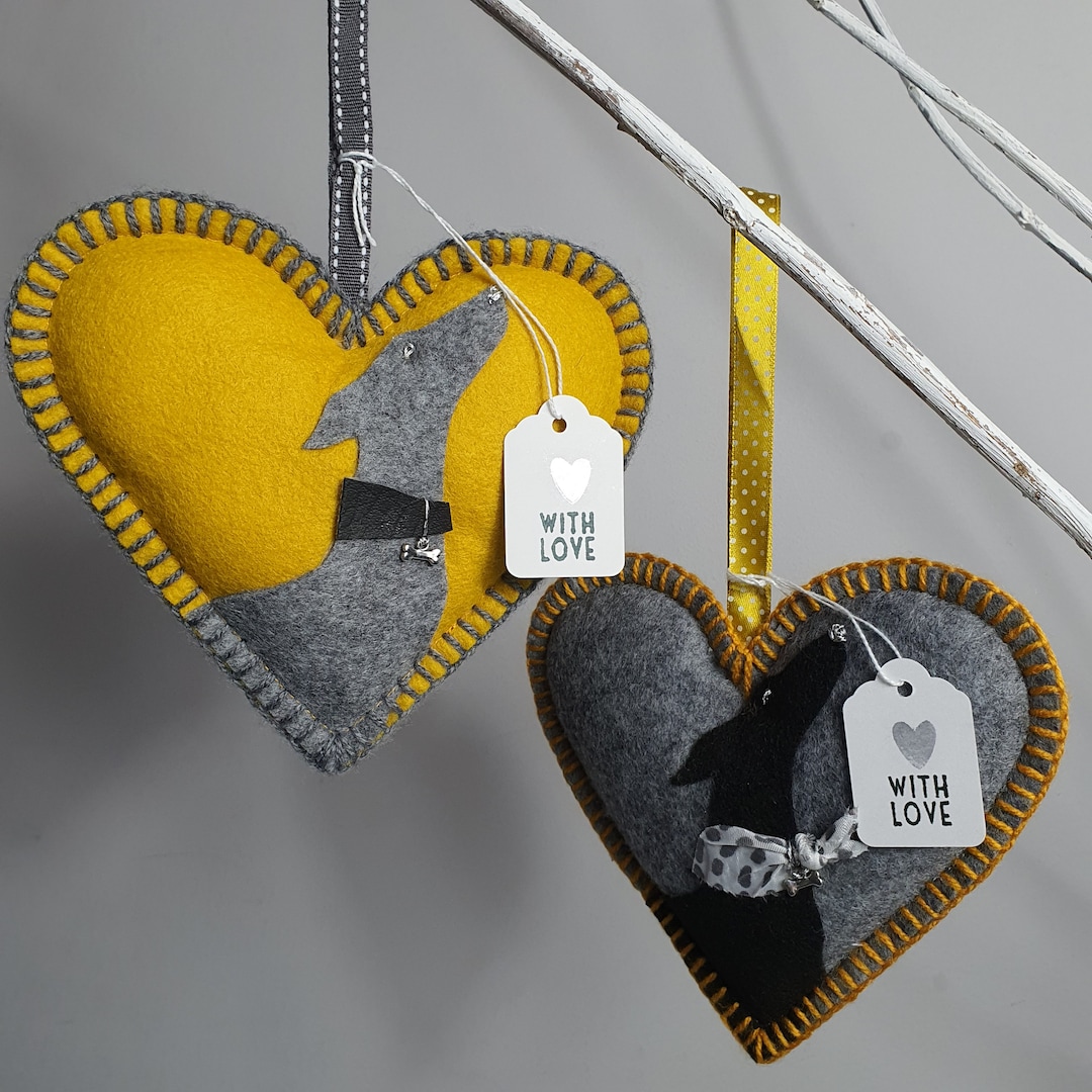 WHIPPET Greyhound Dog Ochre/grey Brindle Felt Heart Hanging Decoration ...