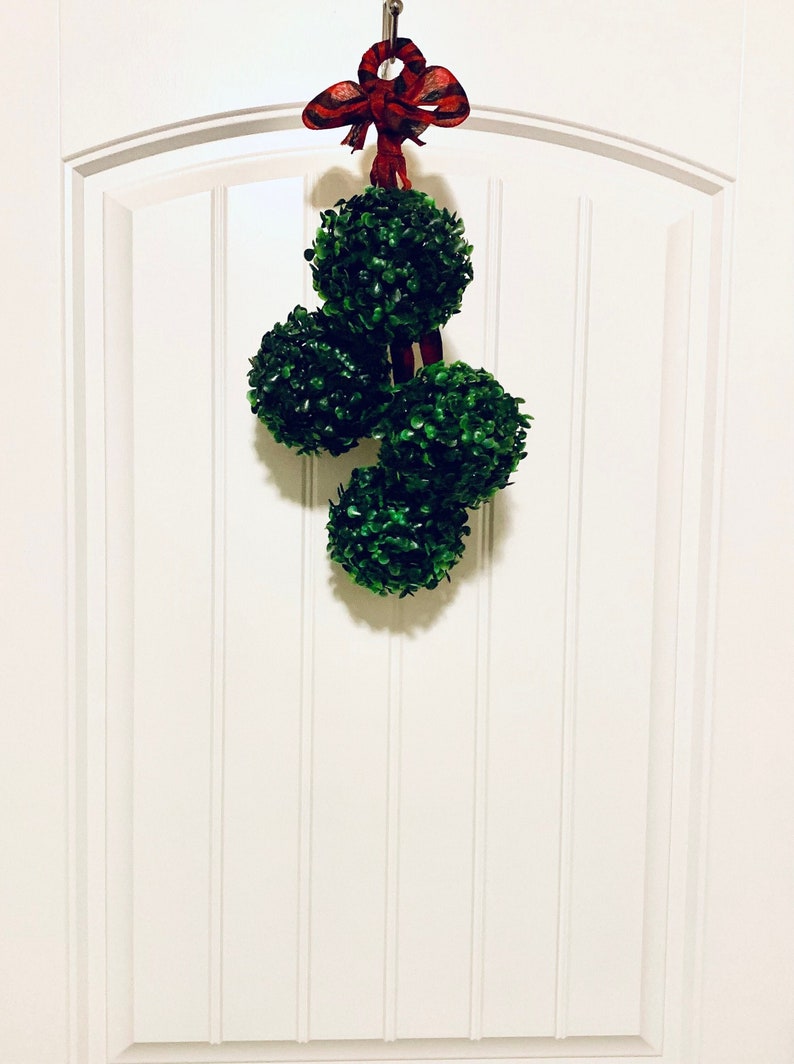 Boxwood Topiary Door Swag: Greenery Balls With Buffalo Check Ribbon - Etsy