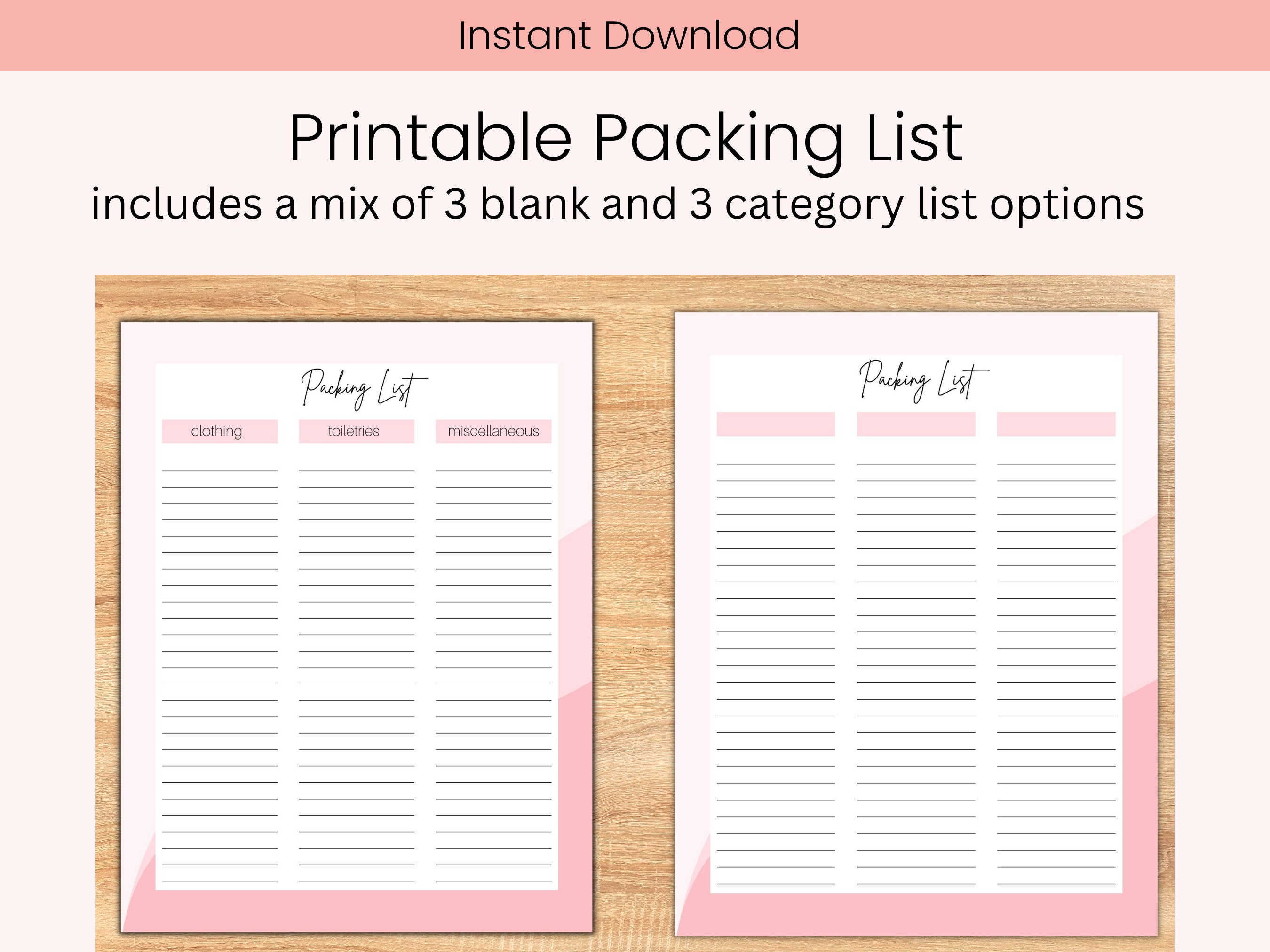 Pink Packing List | Printable Packing List | Travel Planner - Etsy