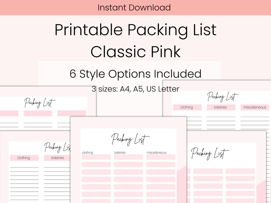 Pink Packing List | Printable Packing List | Travel Planner - Etsy
