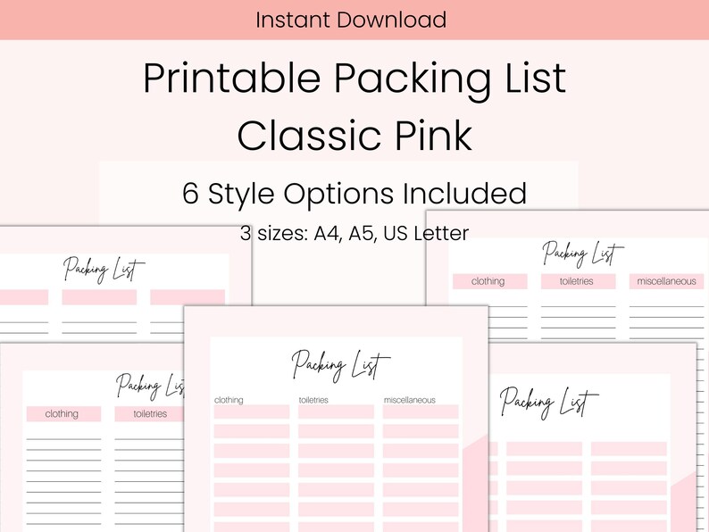 Pink Packing List | Printable Packing List | Travel Planner - Etsy