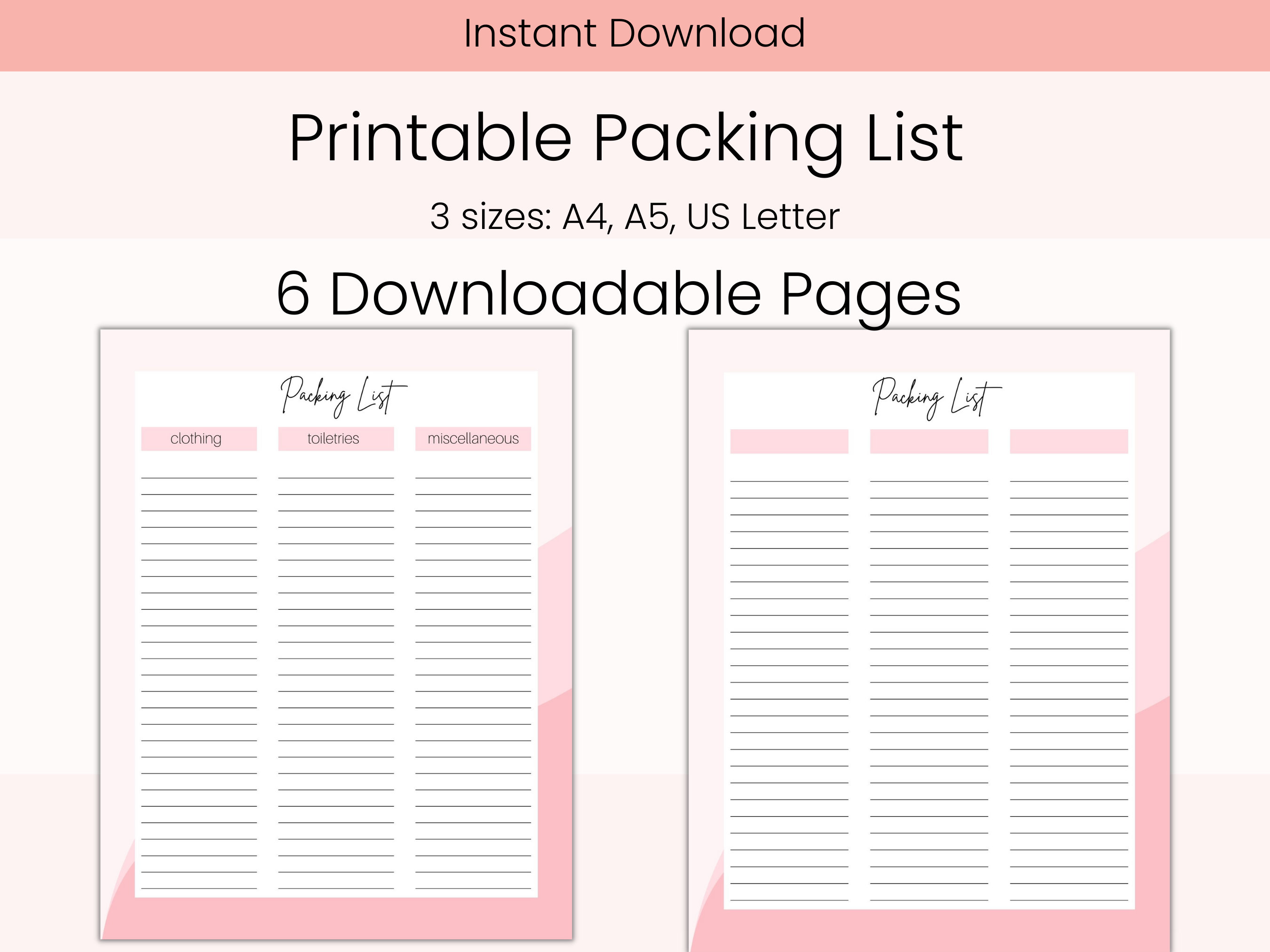 Pink Packing List | Printable Packing List | Travel Planner - Etsy