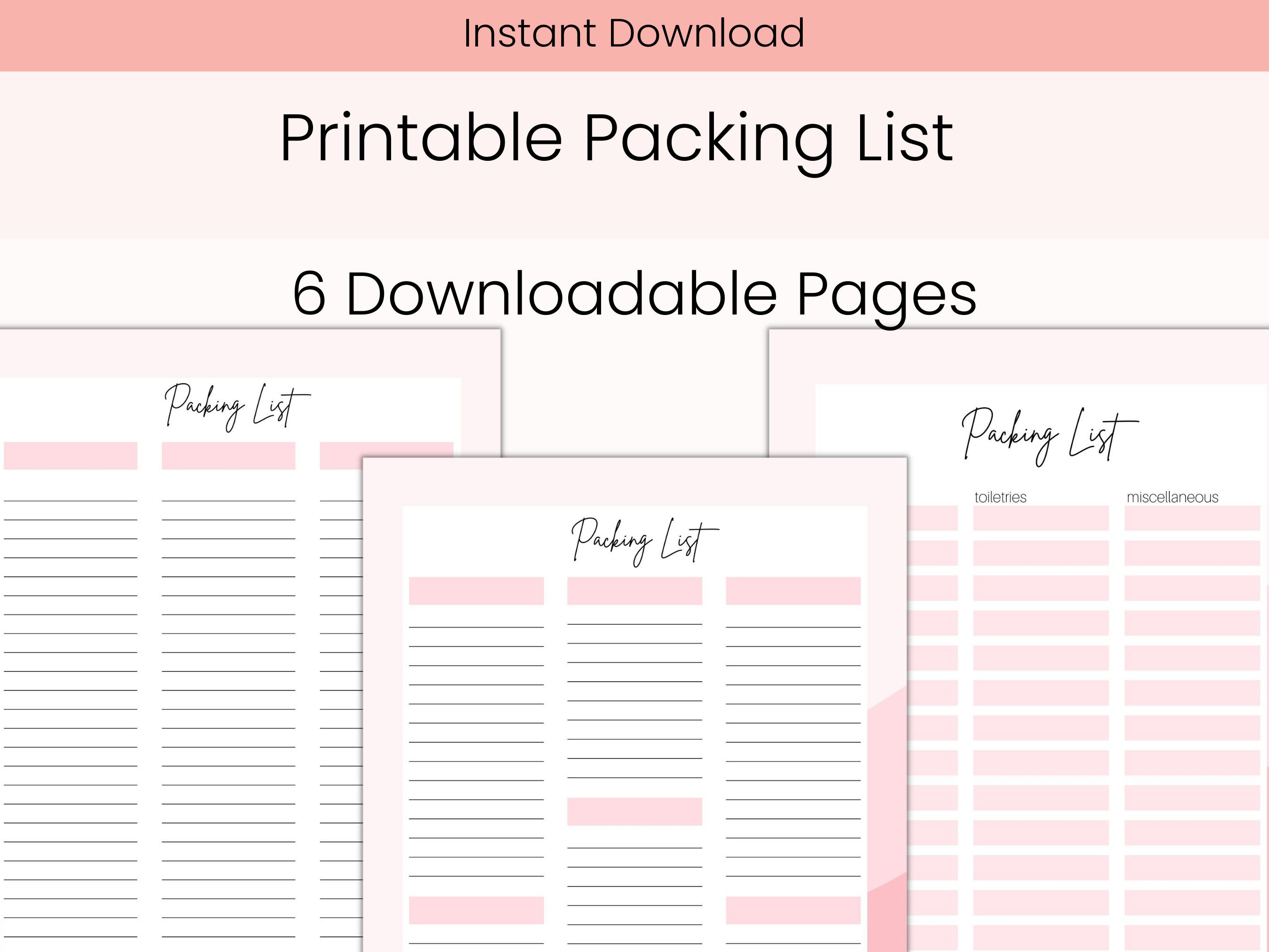 Pink Packing List | Printable Packing List | Travel Planner - Etsy