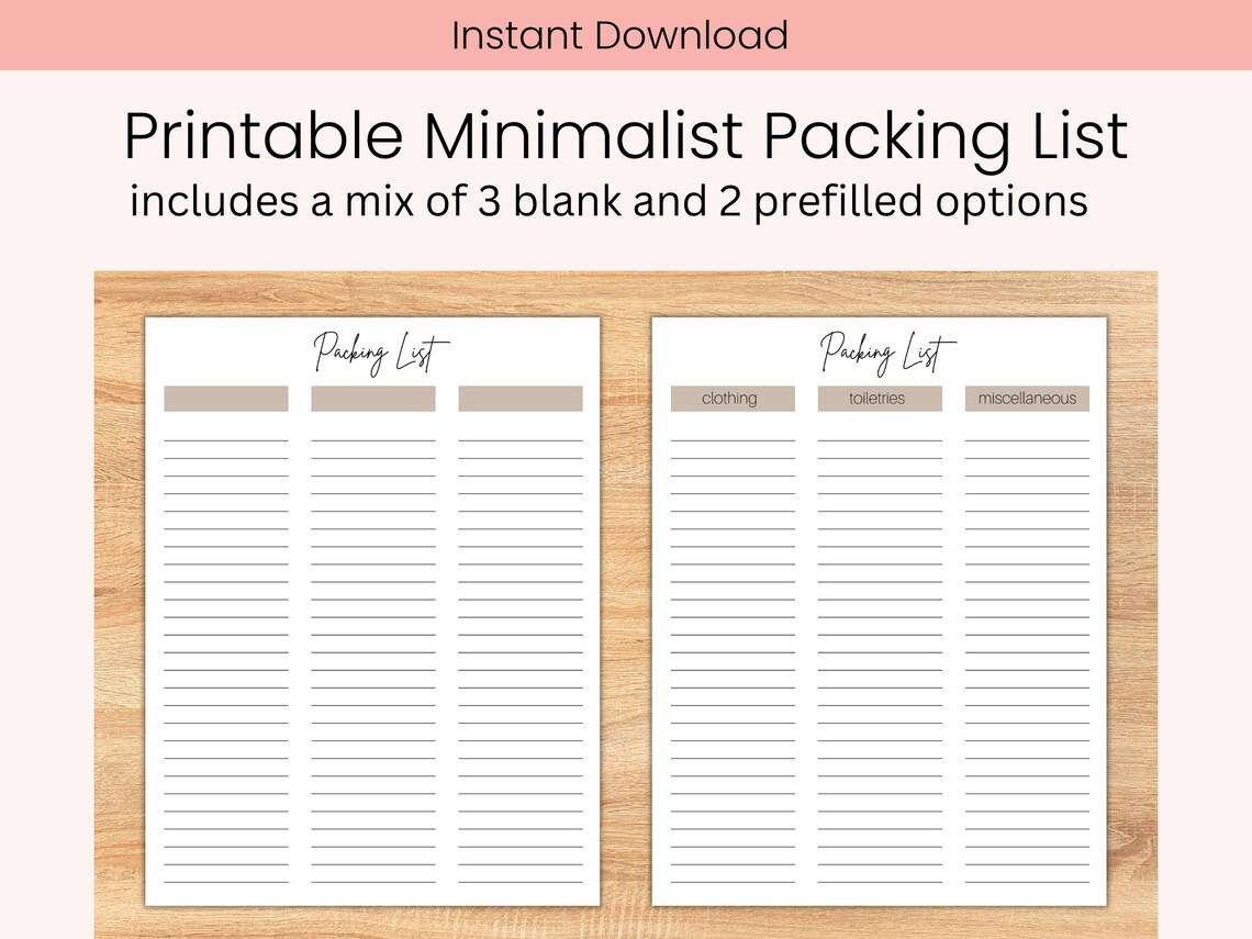 Printable Minimalist Packing List - Etsy