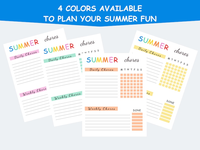 EDITABLE Chore Chart Summer 2025 | Printable | 4 Color Choices of ...
