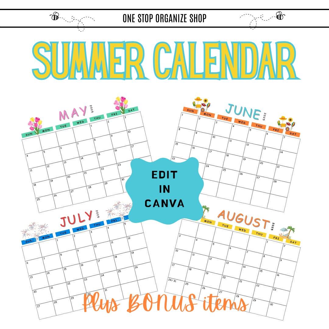 Printable and Editable Summer 2025 Calendar | May June July August ...