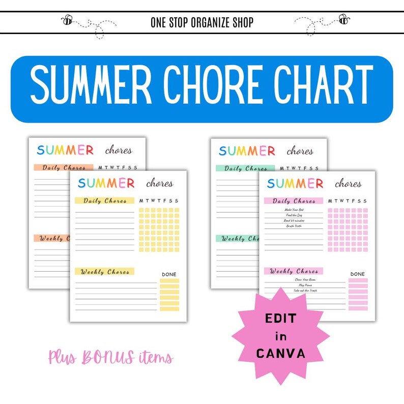 EDITABLE Chore Chart Summer 2025 | Printable | 4 Color Choices of ...