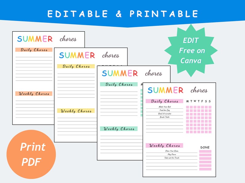 EDITABLE Chore Chart Summer 2025 | Printable | 4 Color Choices of ...