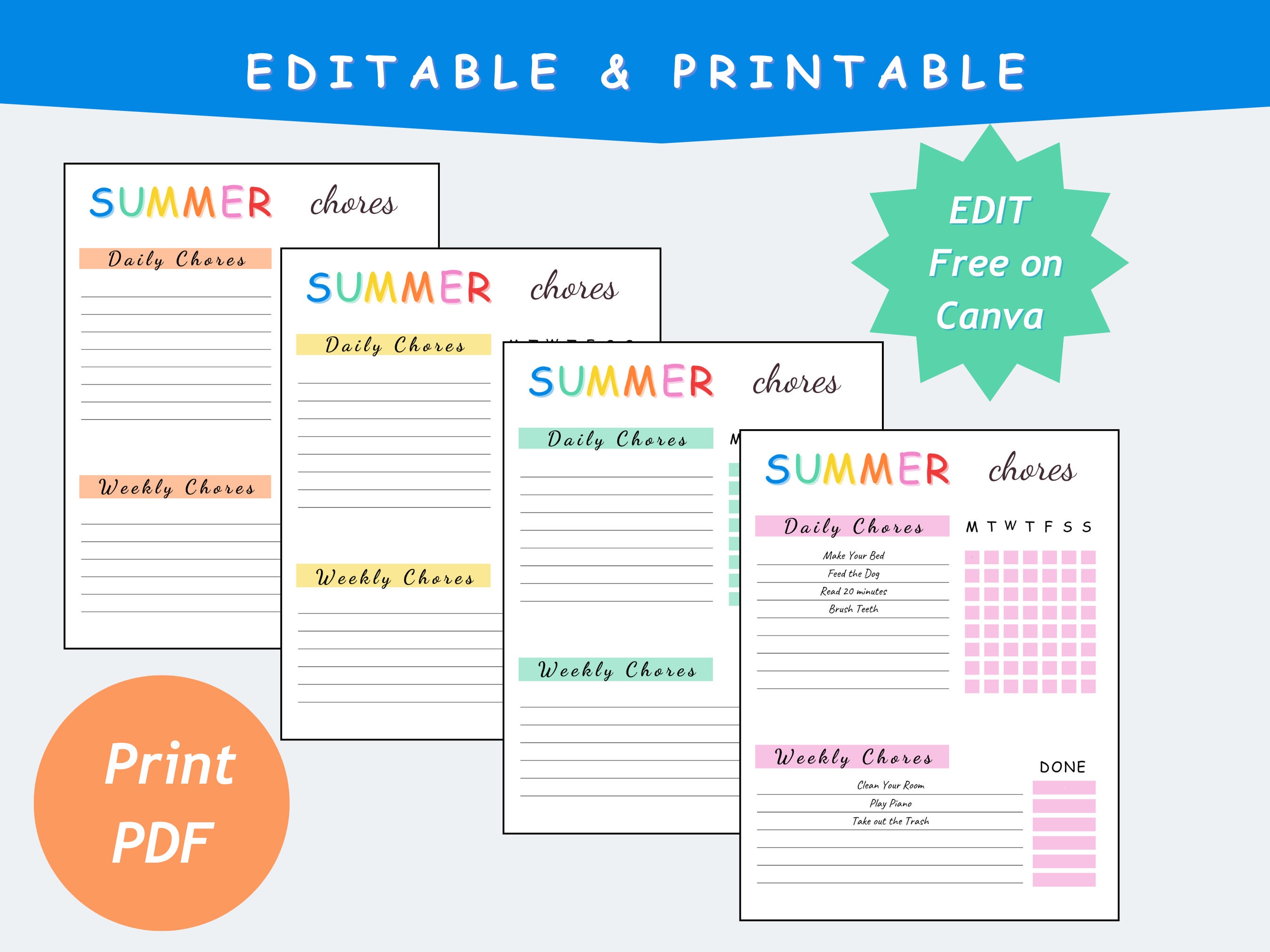 EDITABLE Chore Chart Summer 2026 | Printable | 4 Color Choices of ...