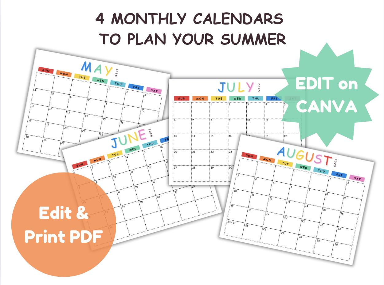 Editable Summer 2025 Calendar Set Printable | May June July August ...