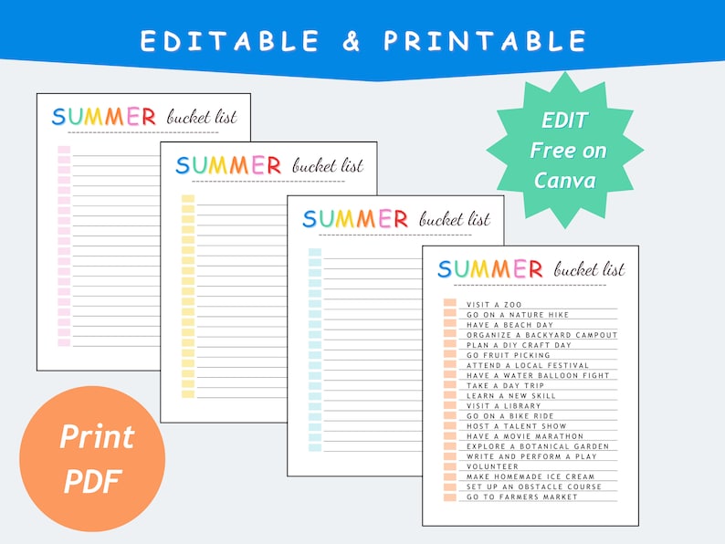 EDITABLE Summer Bucket List for Kids 2024, Printable, Summer Break ...