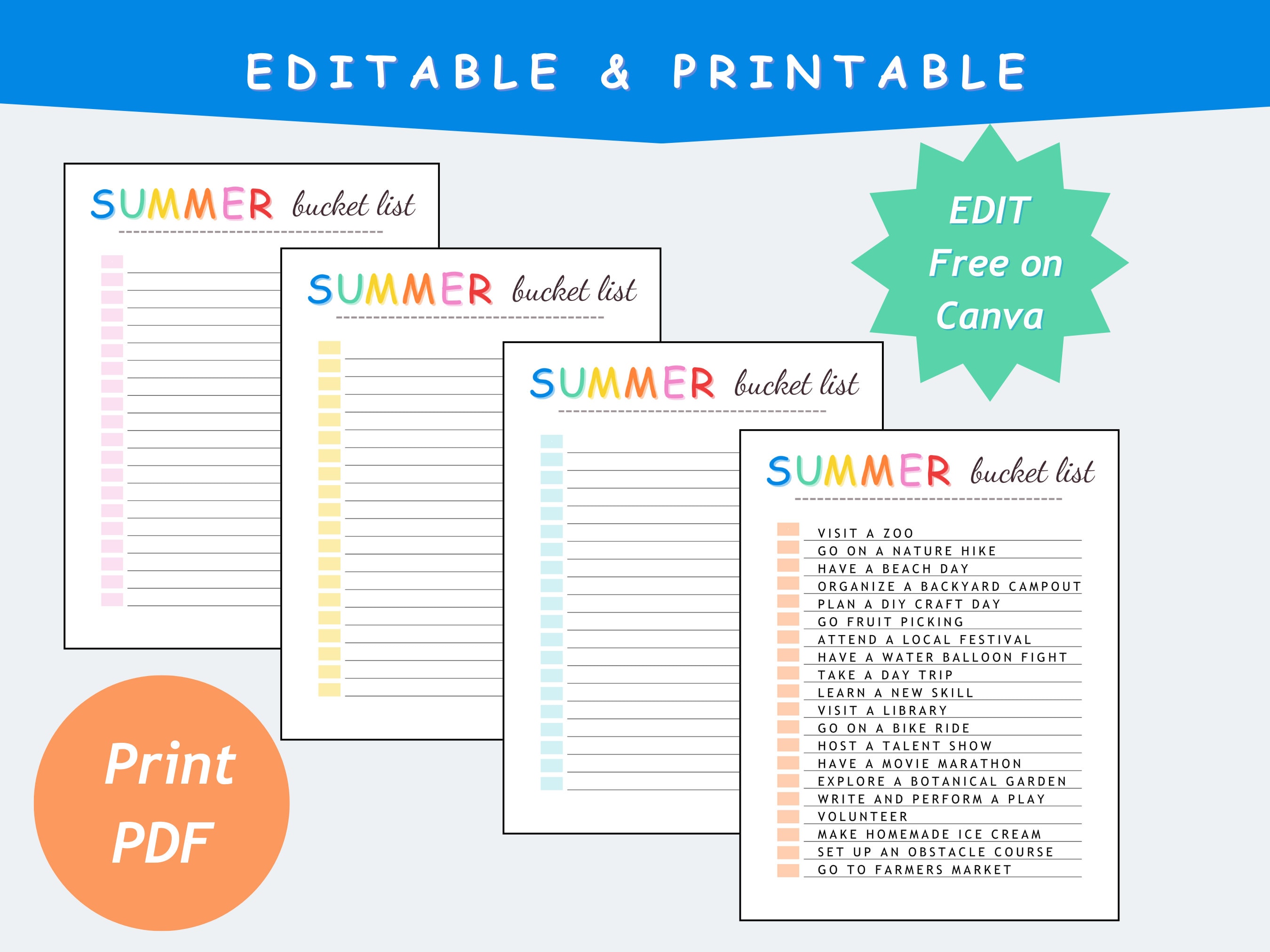 EDITABLE Summer Bucket List for Kids 2024, Printable, Summer Break ...