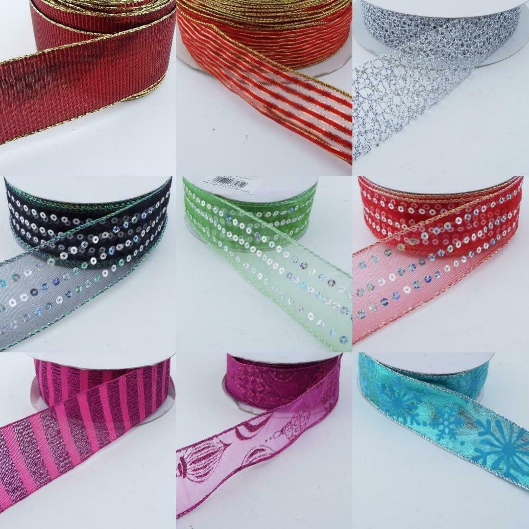 9 TYPE 38mm 40mm Wired Sparkle Christmas Print Ribbon Decoration BUY 1 ...