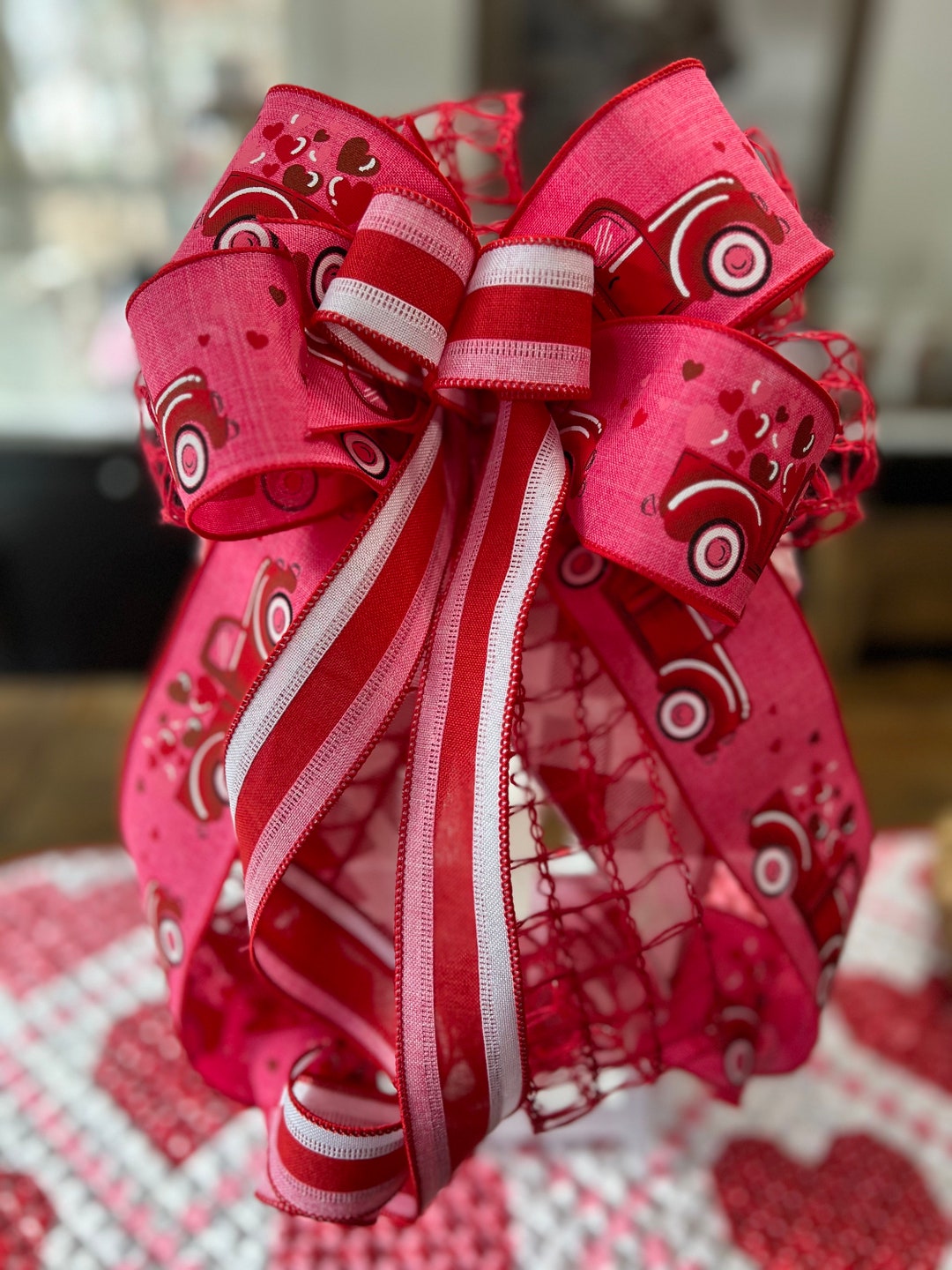 Valentines Day Bow Lantern Bow Hearts Red And Pink Wreath Bow Love