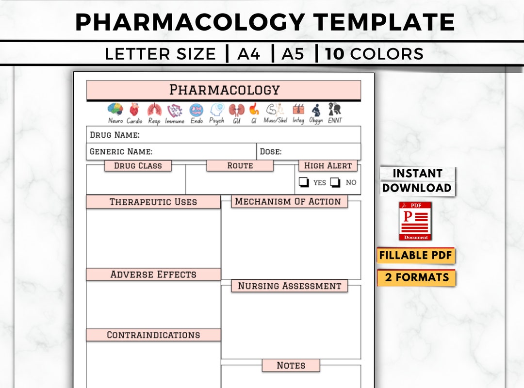 Pharmacology Notes Template, Editable Nursing School Medication Study ...
