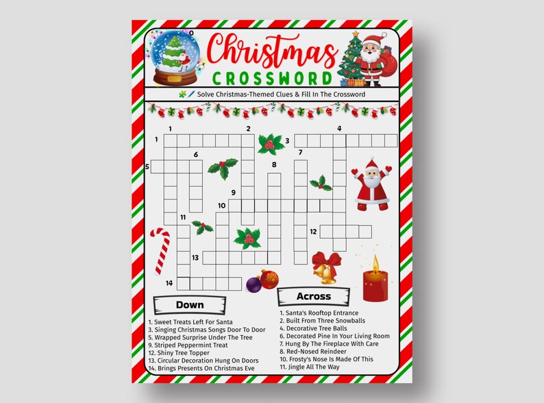 Printable Christmas Crossword Puzzle for Kids and Adults, Fun Christmas ...