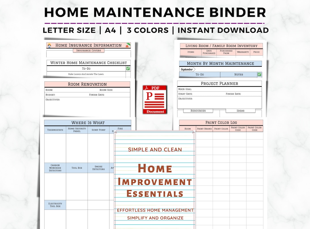Home Maintenance Planner, Improvement Binder, Checklist (printable PDF ...