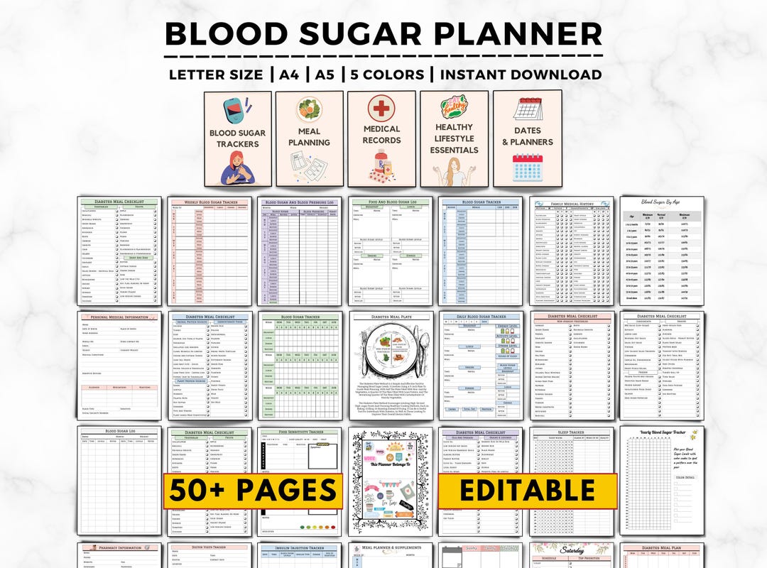 Blood Sugar Tracker Bundle, Diabetic Planner, Diabetes Meal Plan & Food ...