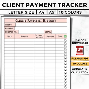 Client Payment Tracker, Printable Client Payment History, Small ...
