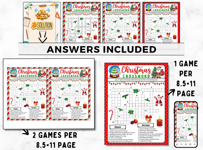 Printable Christmas Crossword Puzzle for Kids and Adults, Fun Christmas ...