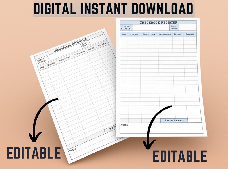 Printable Checkbook Register: Bank Transaction Tracker Sheet (editable ...