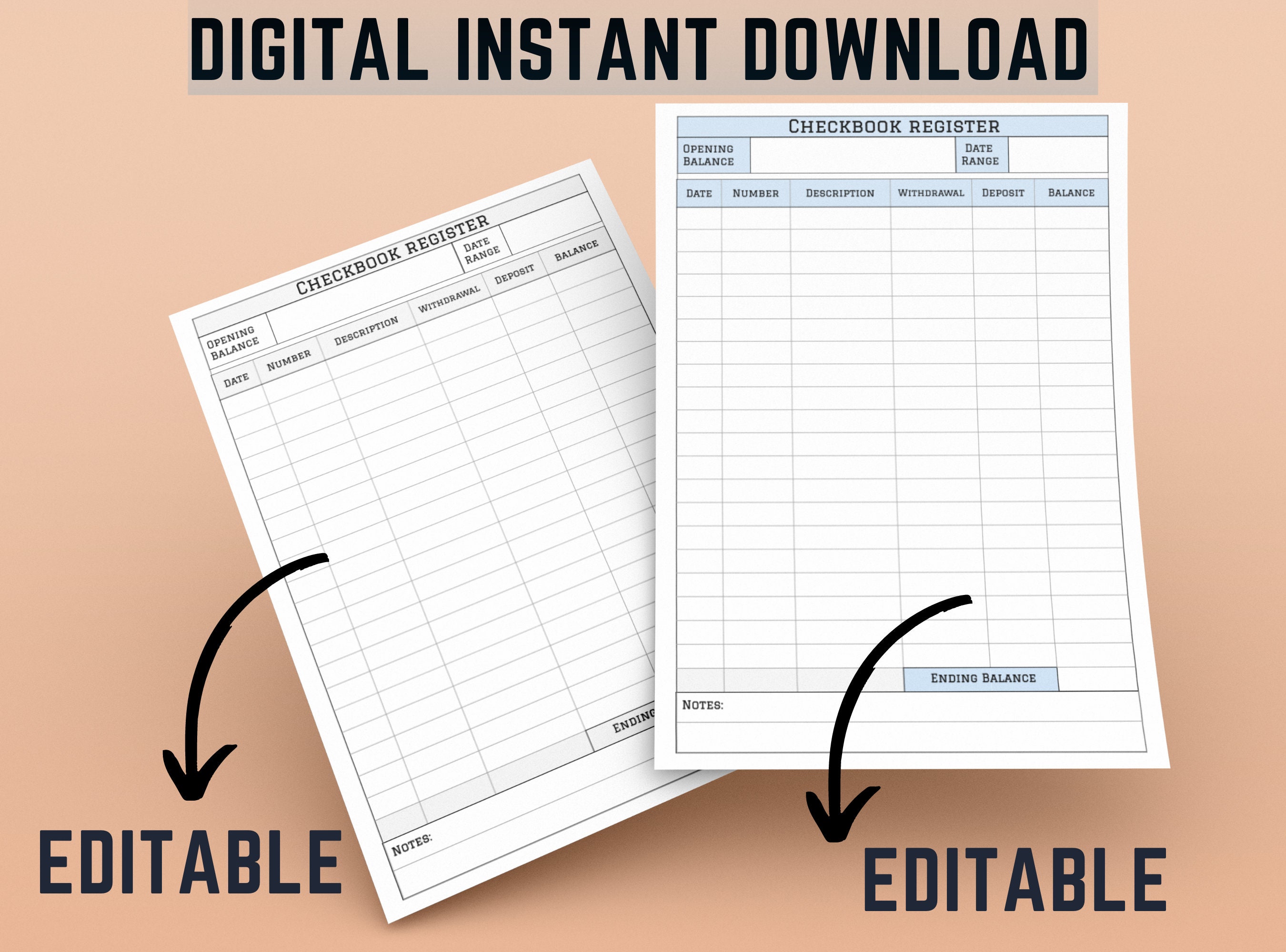 Printable Checkbook Register: Bank Transaction Tracker Sheet (editable ...